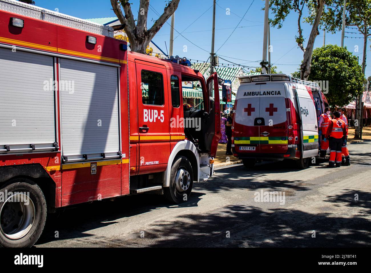 Seville, Spain - May 05, 2022 Firefighter in intervention at Feria de ...