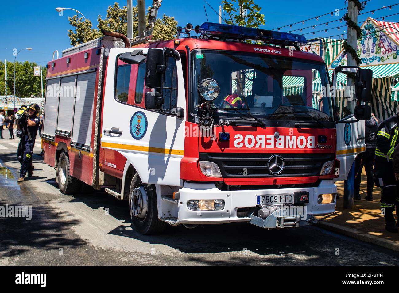 Seville, Spain - May 05, 2022 Firefighter in intervention at Feria de ...