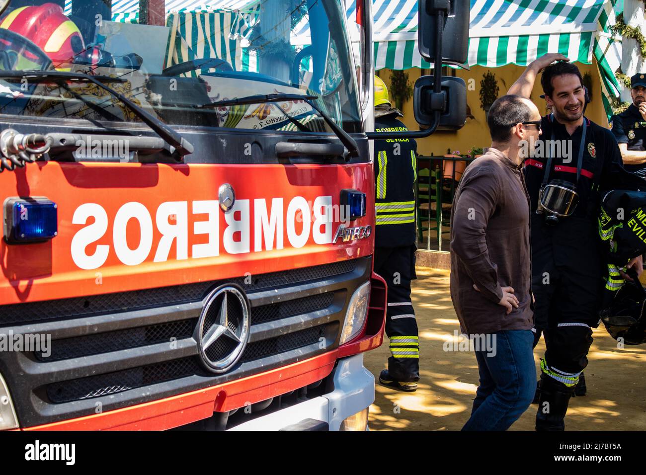 Seville, Spain - May 05, 2022 Firefighter in intervention at Feria de ...