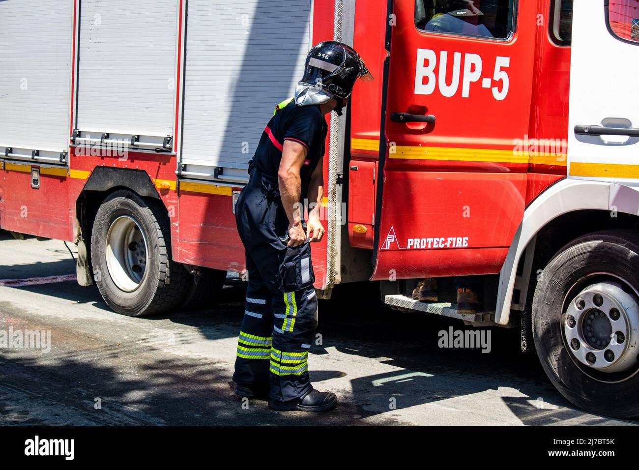 Seville, Spain - May 05, 2022 Firefighter in intervention at Feria de ...