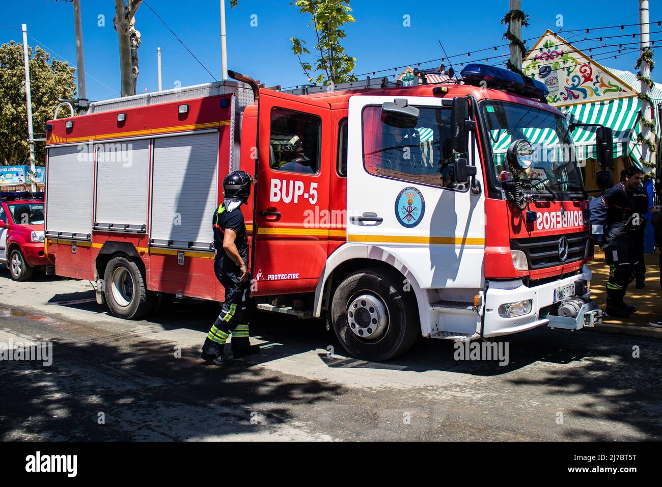 Seville, Spain - May 05, 2022 Firefighter in intervention at Feria de ...