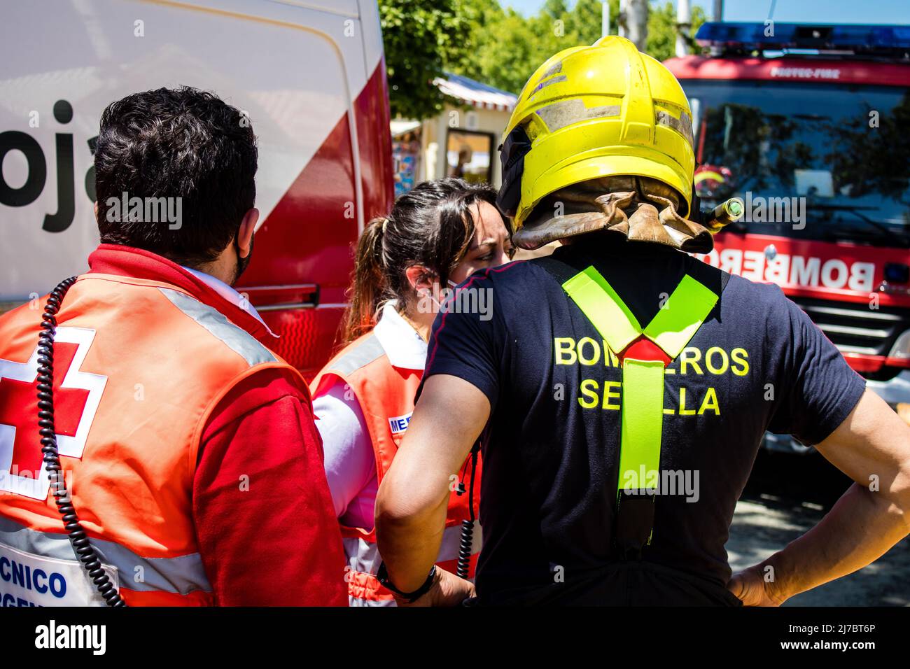 Seville, Spain - May 05, 2022 Firefighter in intervention at Feria de ...