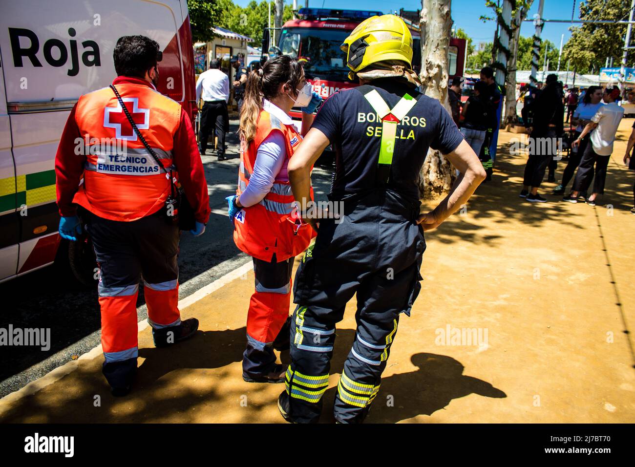 Seville, Spain - May 05, 2022 Firefighter in intervention at Feria de ...