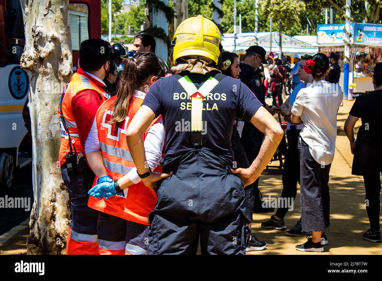 Seville, Spain - May 05, 2022 Firefighter in intervention at Feria de ...