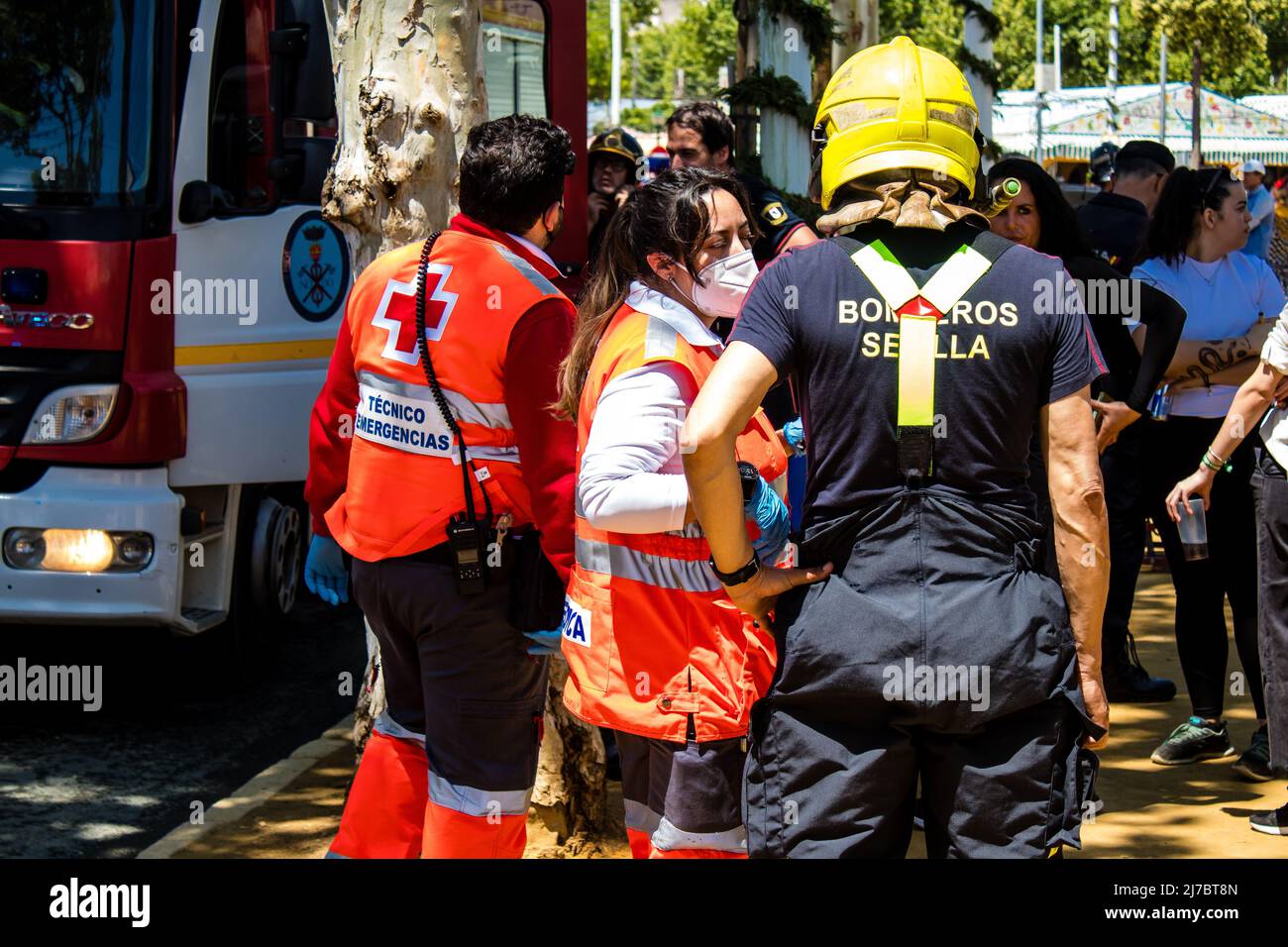 Seville, Spain - May 05, 2022 Firefighter in intervention at Feria de ...