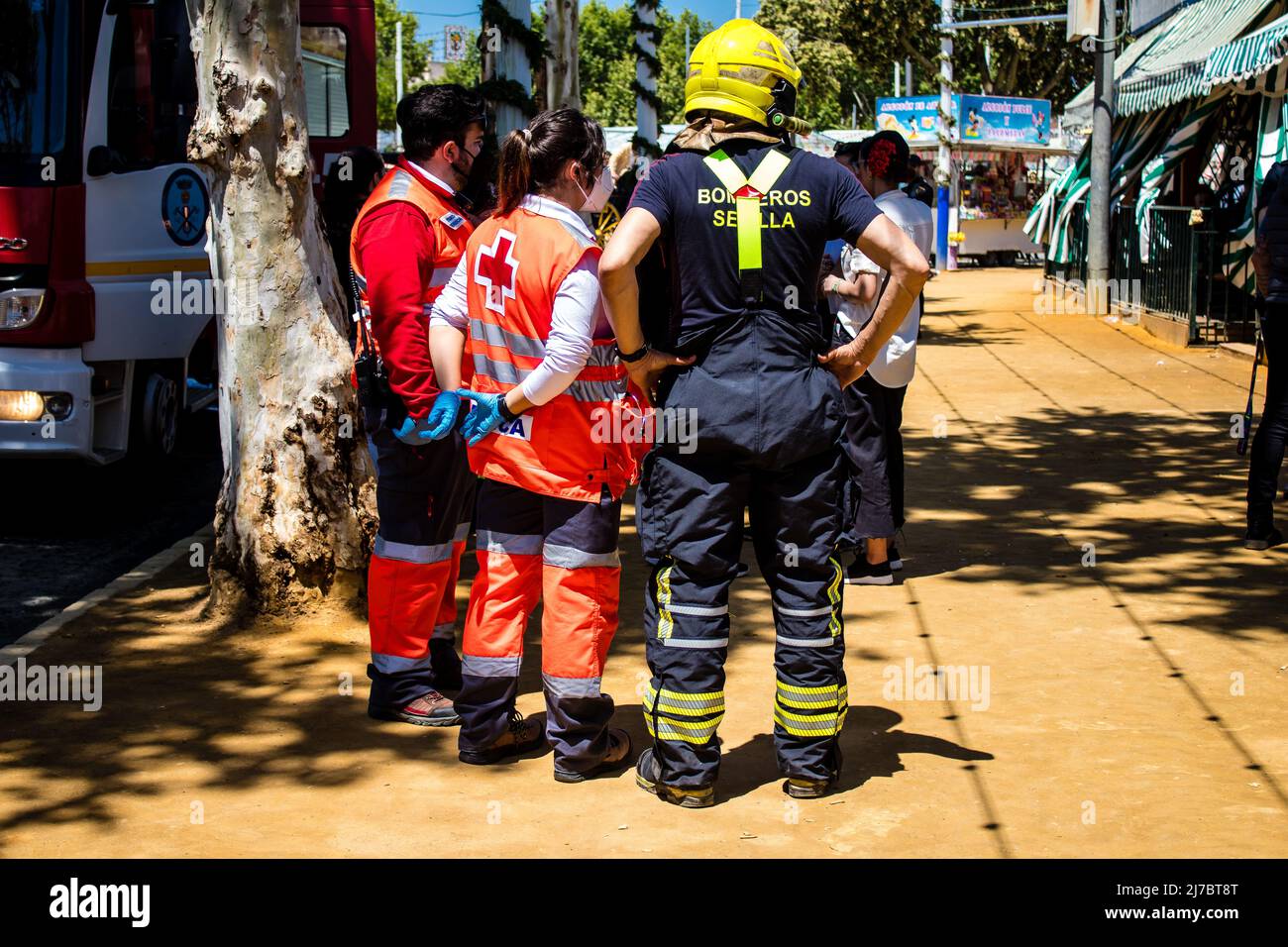 Seville, Spain - May 05, 2022 Firefighter in intervention at Feria de ...