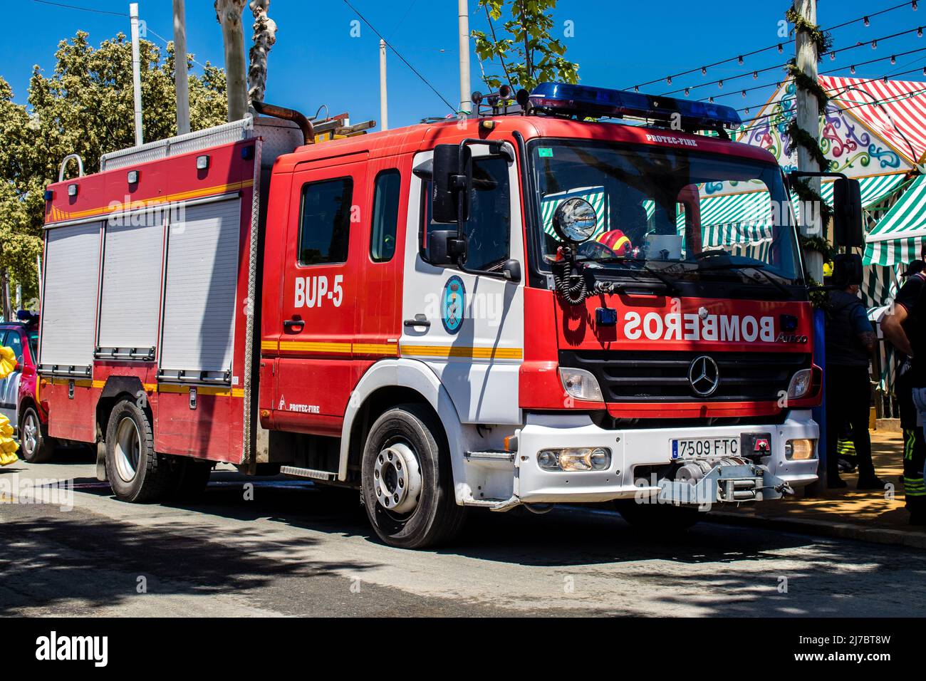 Seville, Spain - May 05, 2022 Firefighter in intervention at Feria de ...