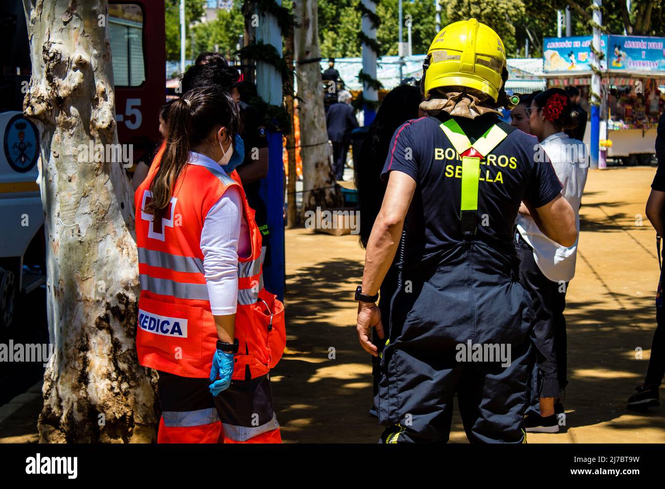 Seville, Spain - May 05, 2022 Firefighter in intervention at Feria de ...