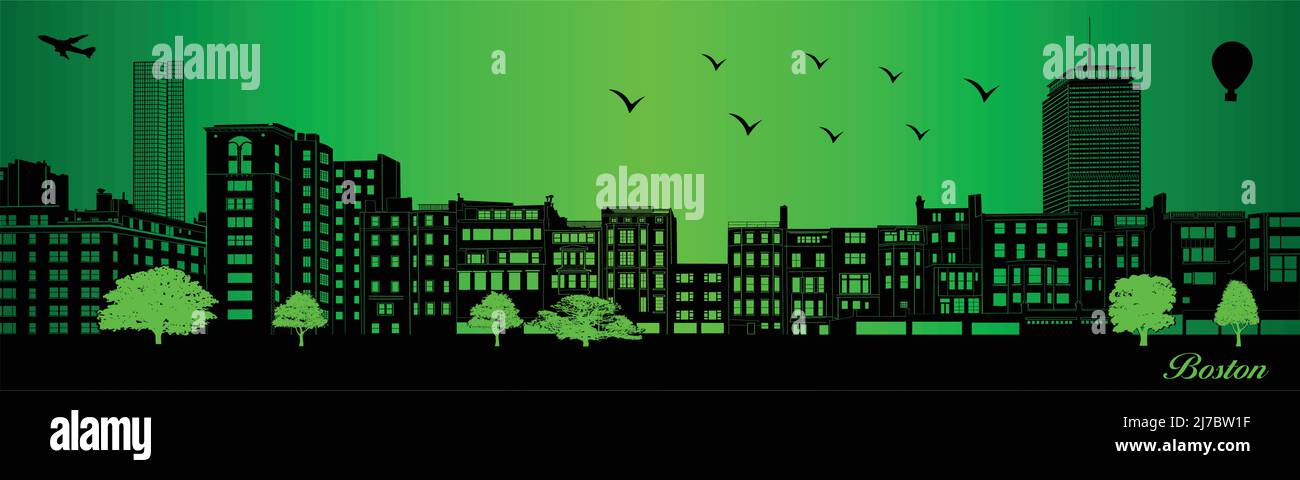Boston city skyline silhouette - illustration, Town in green background ...
