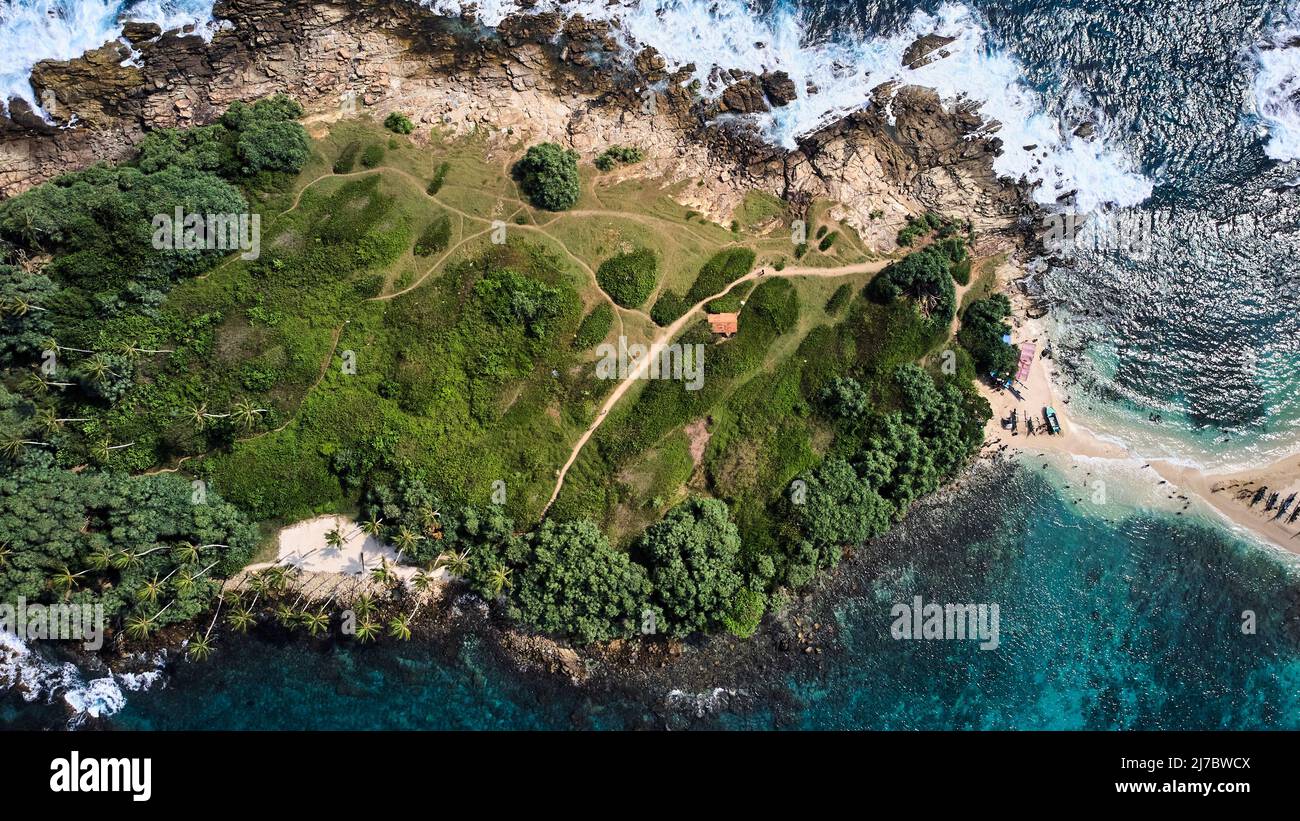 Aerial view of blue beach island. Drone view of the beaches of Sri ...
