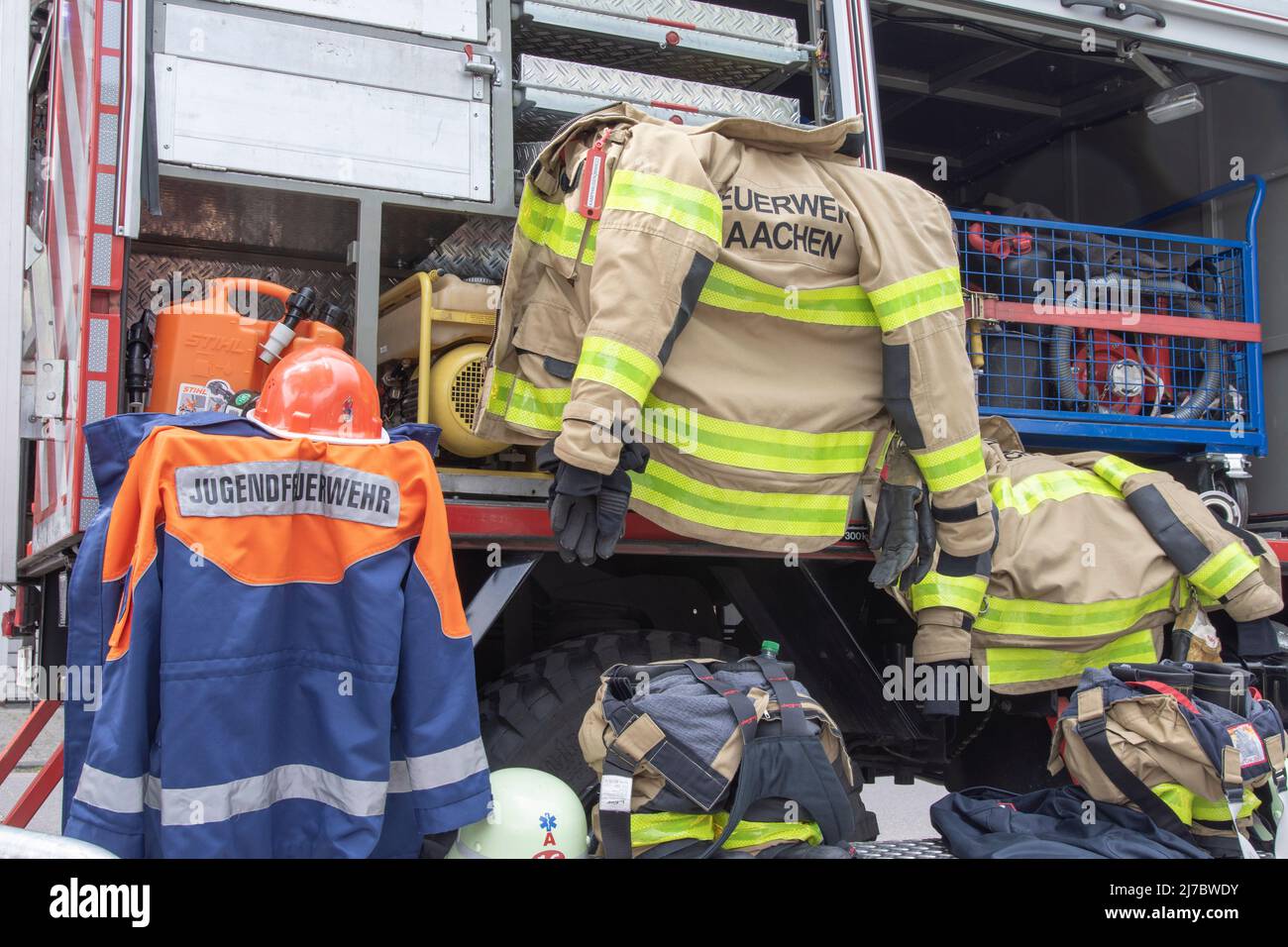 View into a fire department equipment trolley Stock Photo - Alamy