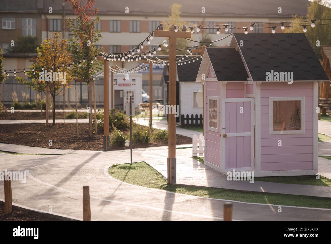 Mini city for entertaiment. Toy city for children. Little cottages ...