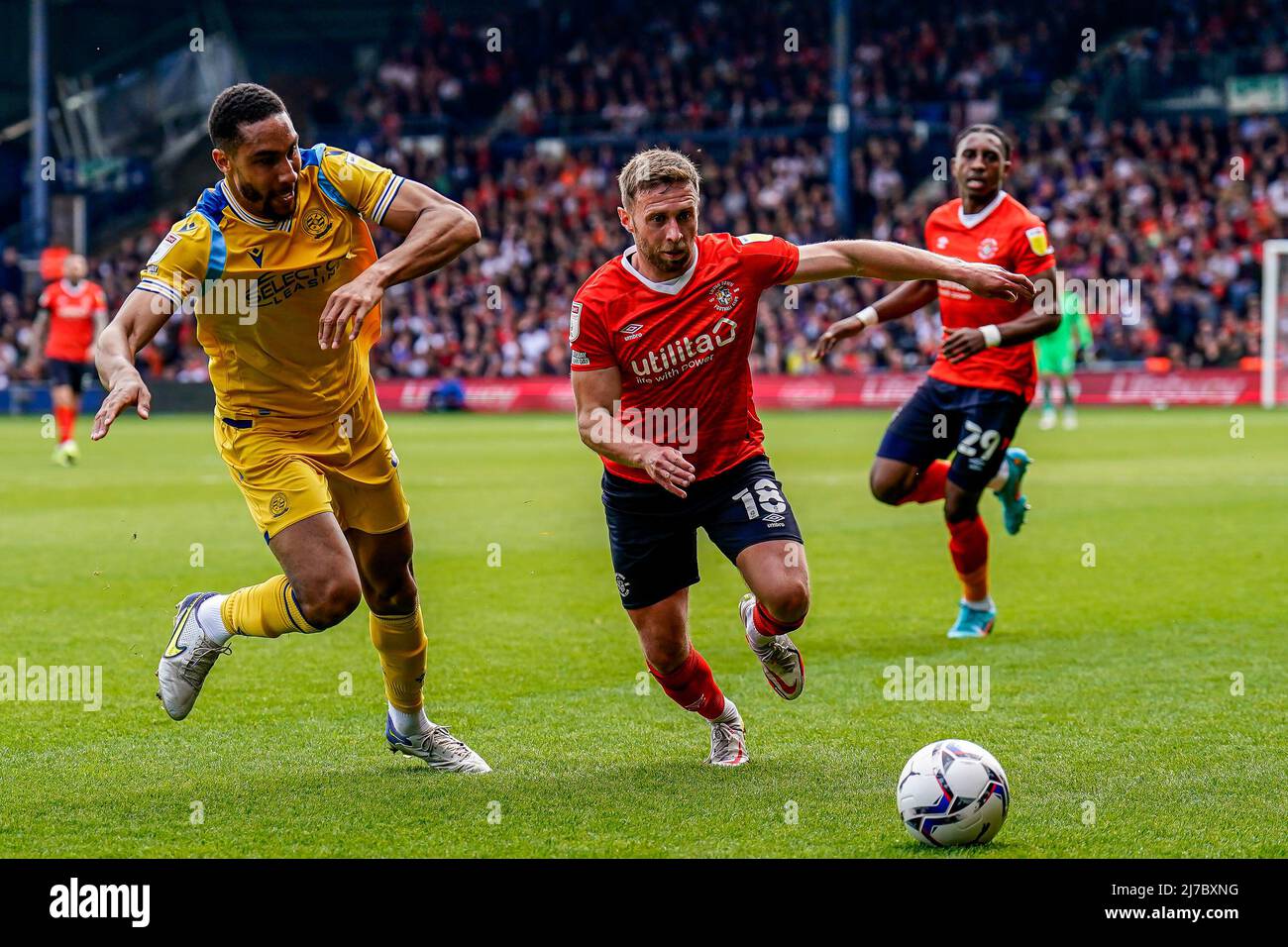 Jordan Clark (18) of Luton Town (centre) during the Sky Bet ...