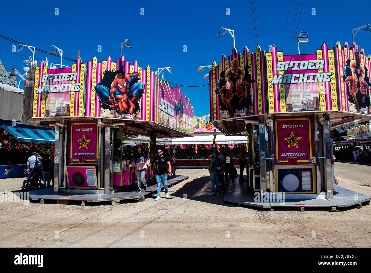 Seville, Spain - May 05, 2022 Feria de Sevilla funfair, the attractions ...