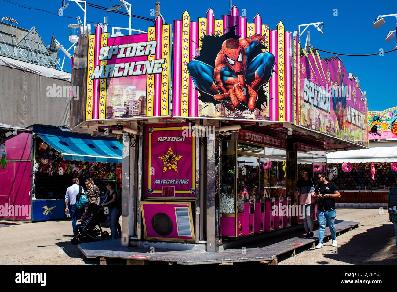 Seville, Spain - May 05, 2022 Feria de Sevilla funfair, the attractions ...