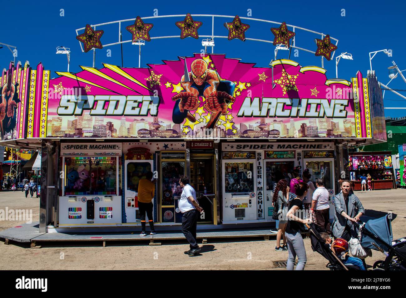 Seville, Spain - May 05, 2022 Feria de Sevilla funfair, the attractions ...