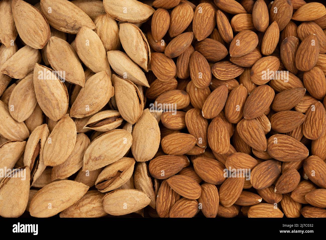 heap of peeled and unpeeled almonds close up, natural big raw nuts ...