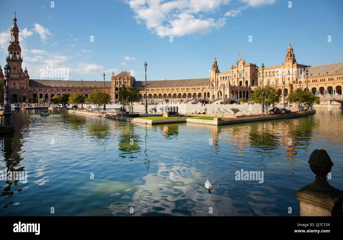 A wide view of the The Plaza de Espana, showing the pavillions and ...