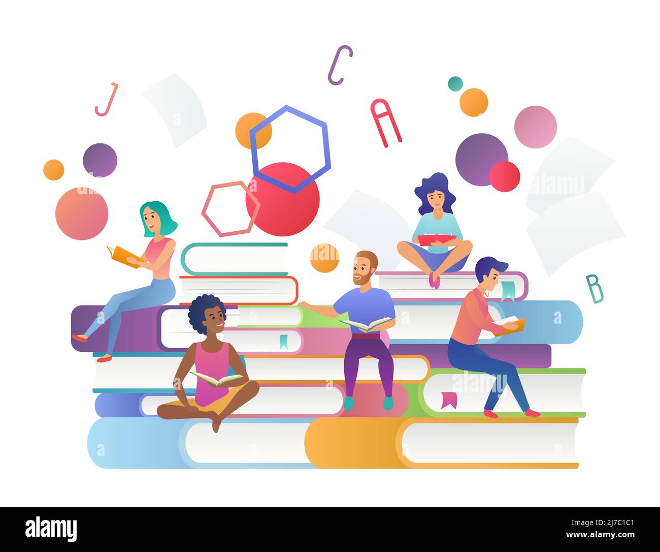 Reading lovers with huge stack of books. Library literacy material ...