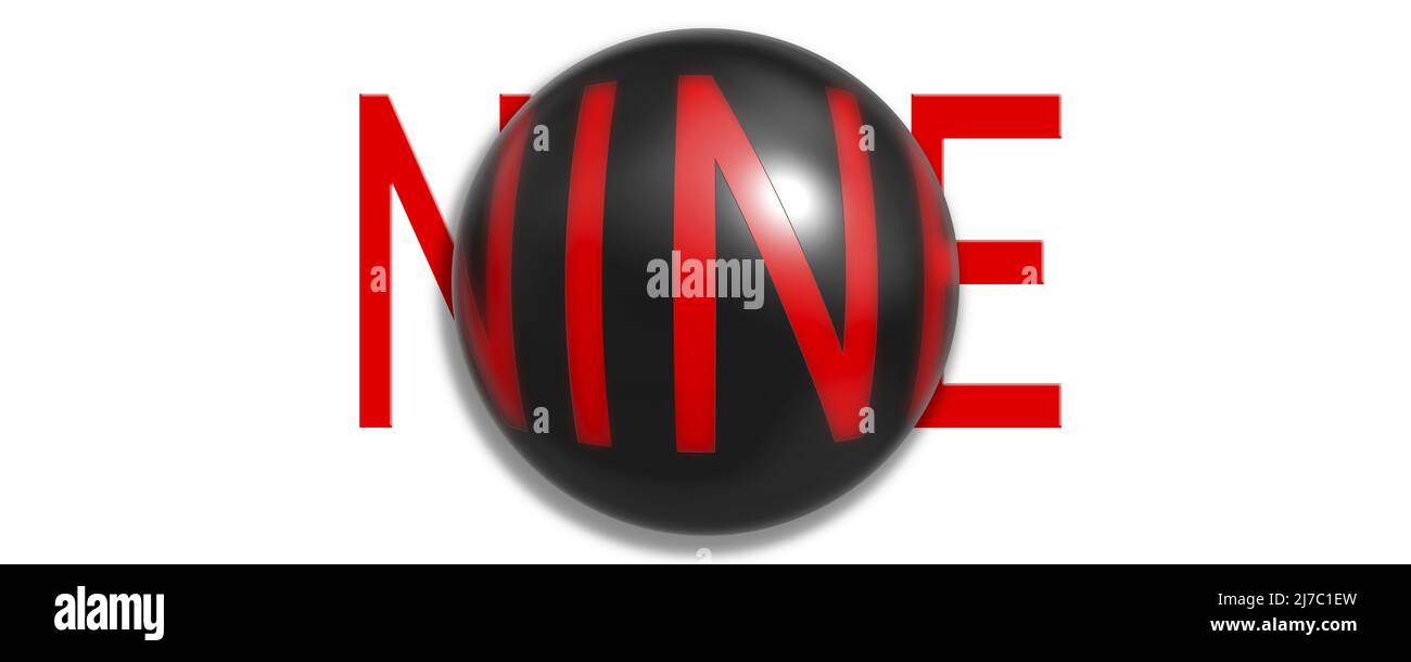 Black ball on white background labelled "NINE Stock Photo - Alamy