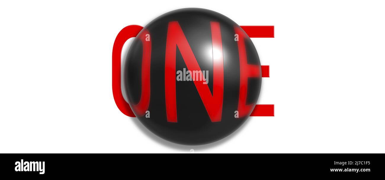 Black ball on white background labelled "ONE Stock Photo - Alamy