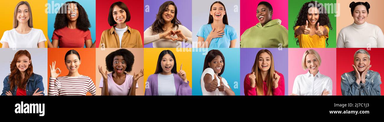 Collection of happy multicultural females photos on studio backgrounds ...