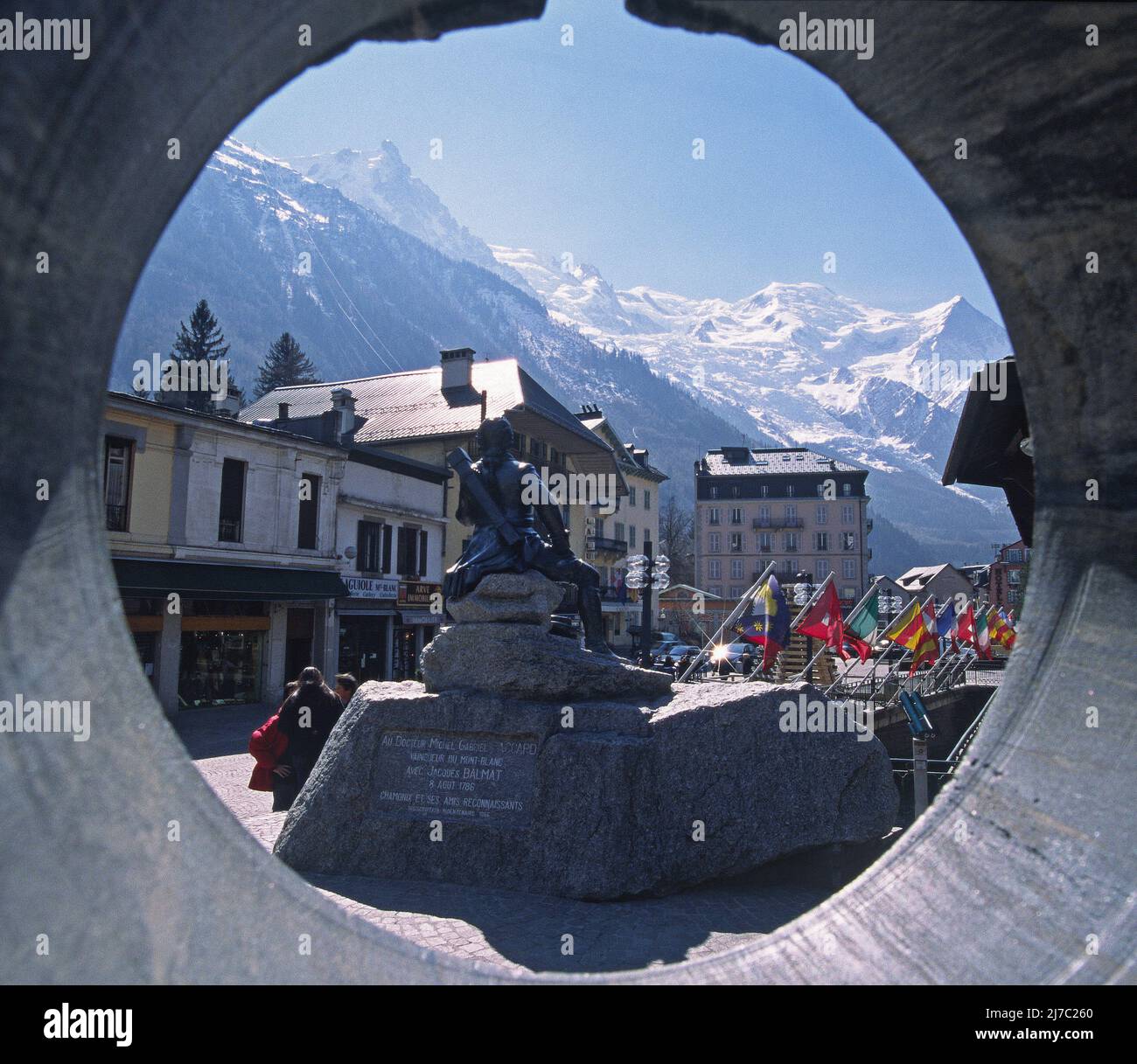 Statue of the winners of Mont Blanc de Saussure and Balmat in Chamonix ...