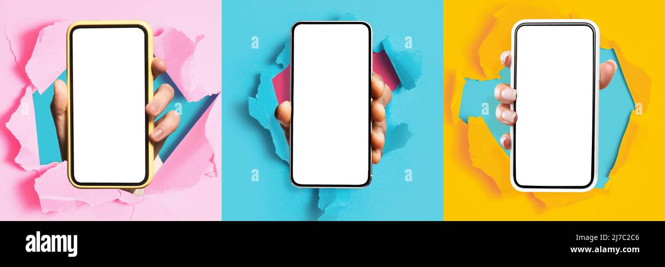 Collage of hands showing empty smartphone screen breaking through paper ...