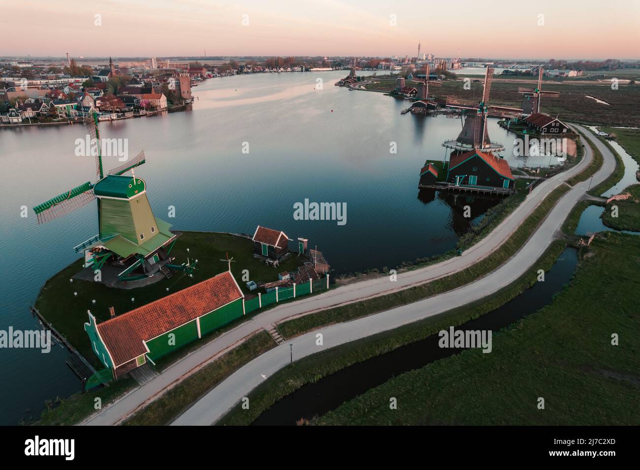 Aerial view of the historical village with old windmills in Zaanse ...