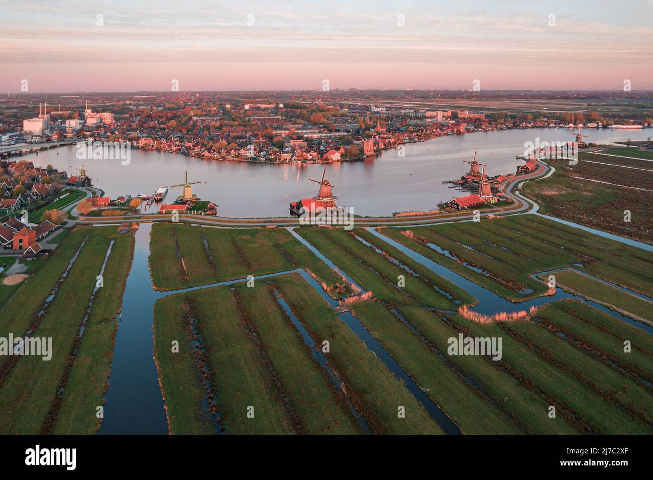 Aerial view of the historical village with old windmills in Zaanse ...