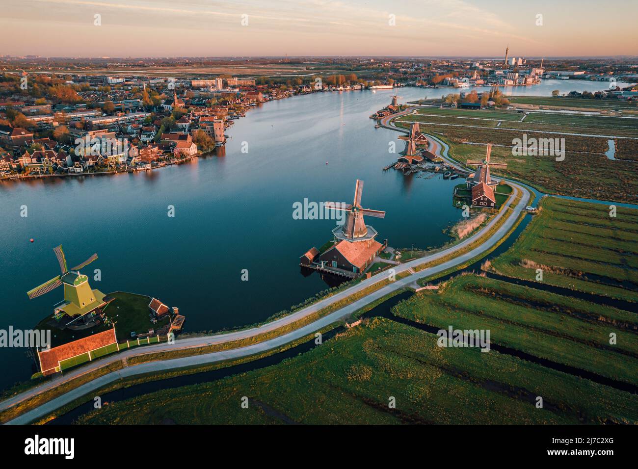 Aerial view of the historical village with old windmills in Zaanse ...