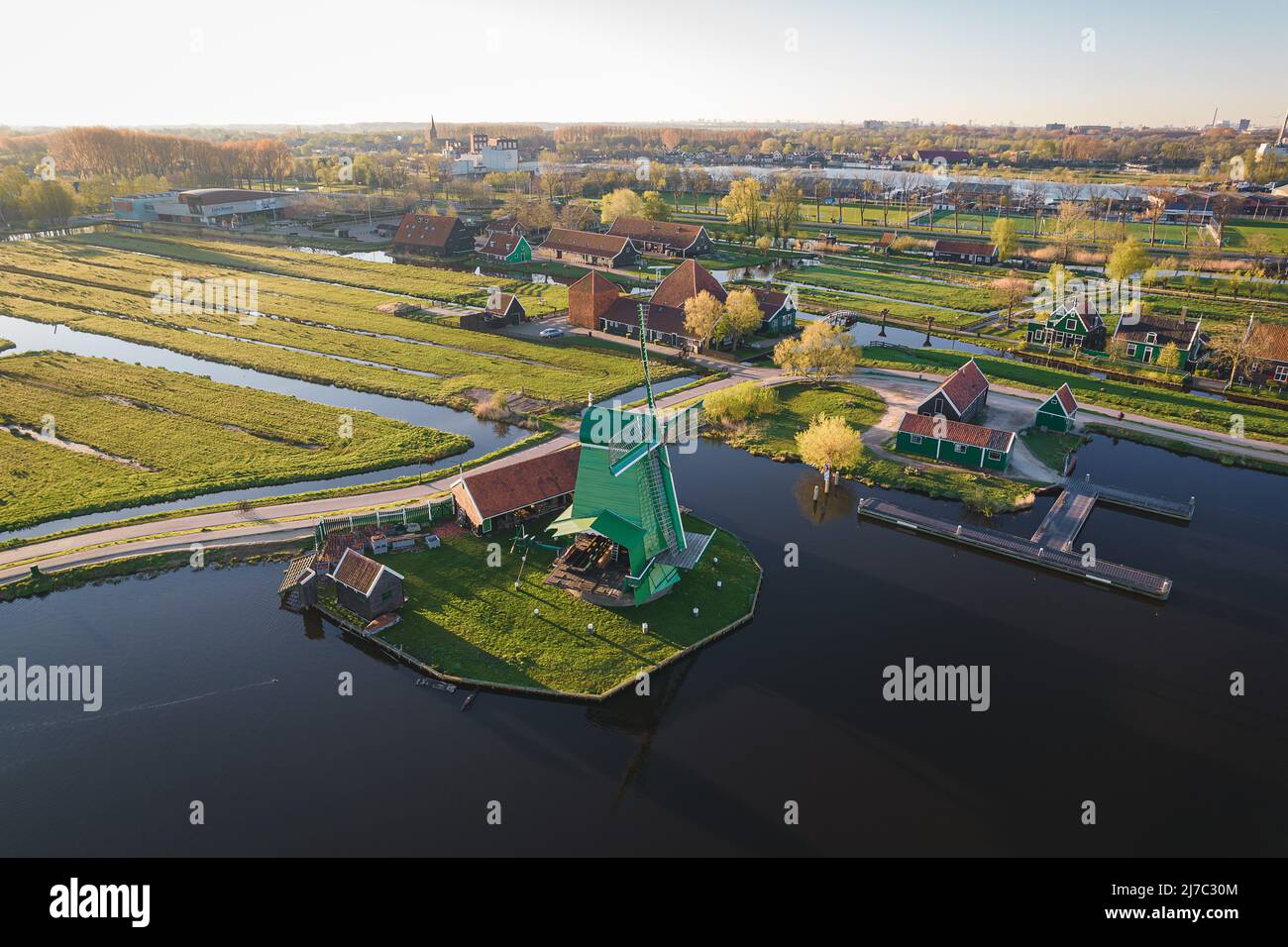 Aerial view of the historical village with old windmills in Zaanse ...
