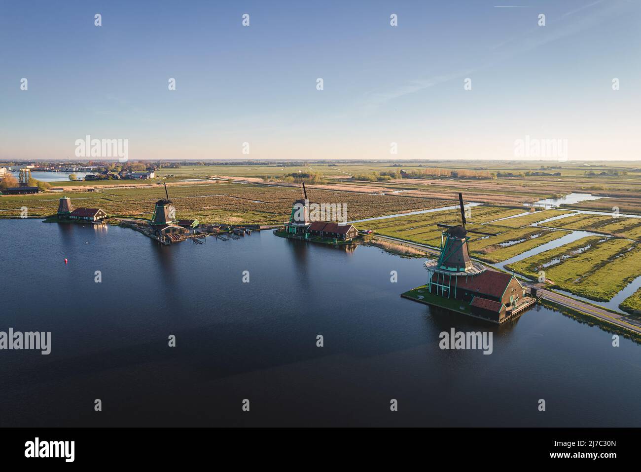 Aerial view of the historical village with old windmills in Zaanse ...