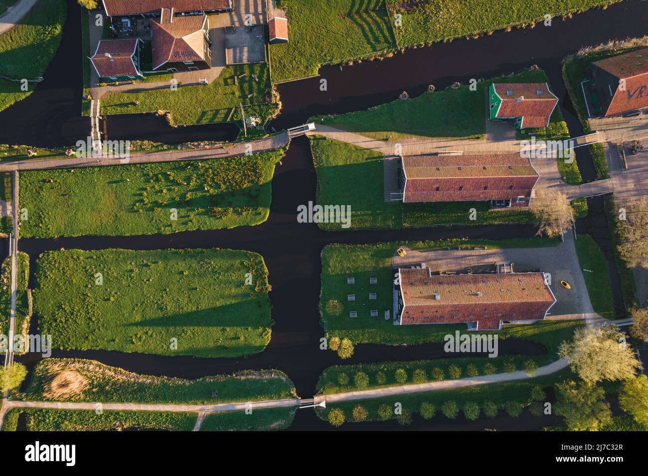 Aerial view of the historical village with old windmills in Zaanse ...