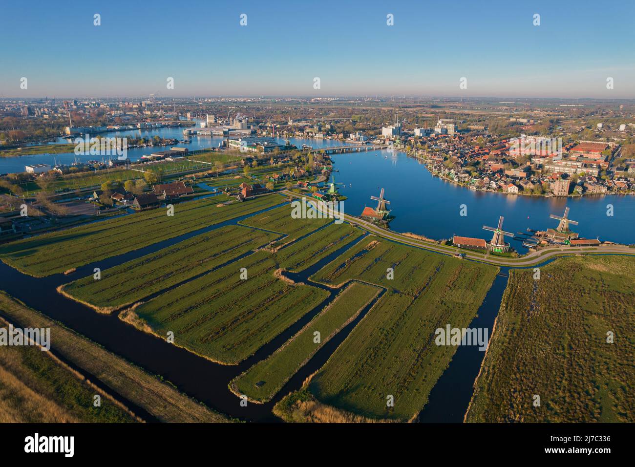 Aerial view of the historical village with old windmills in Zaanse ...