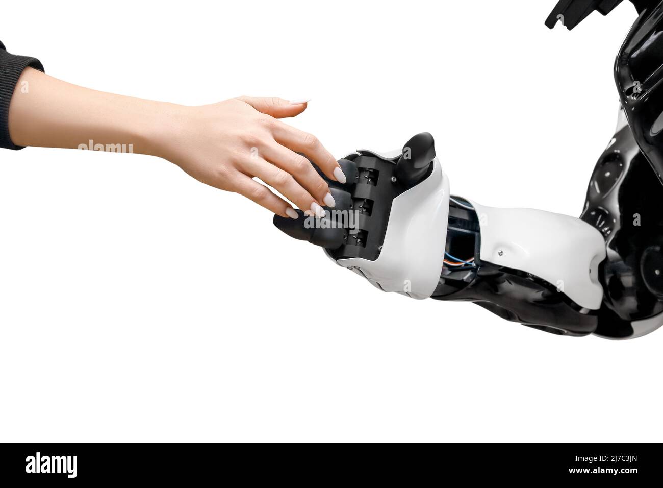 Hands of woman and futuristic humanoid robot on white background Stock ...