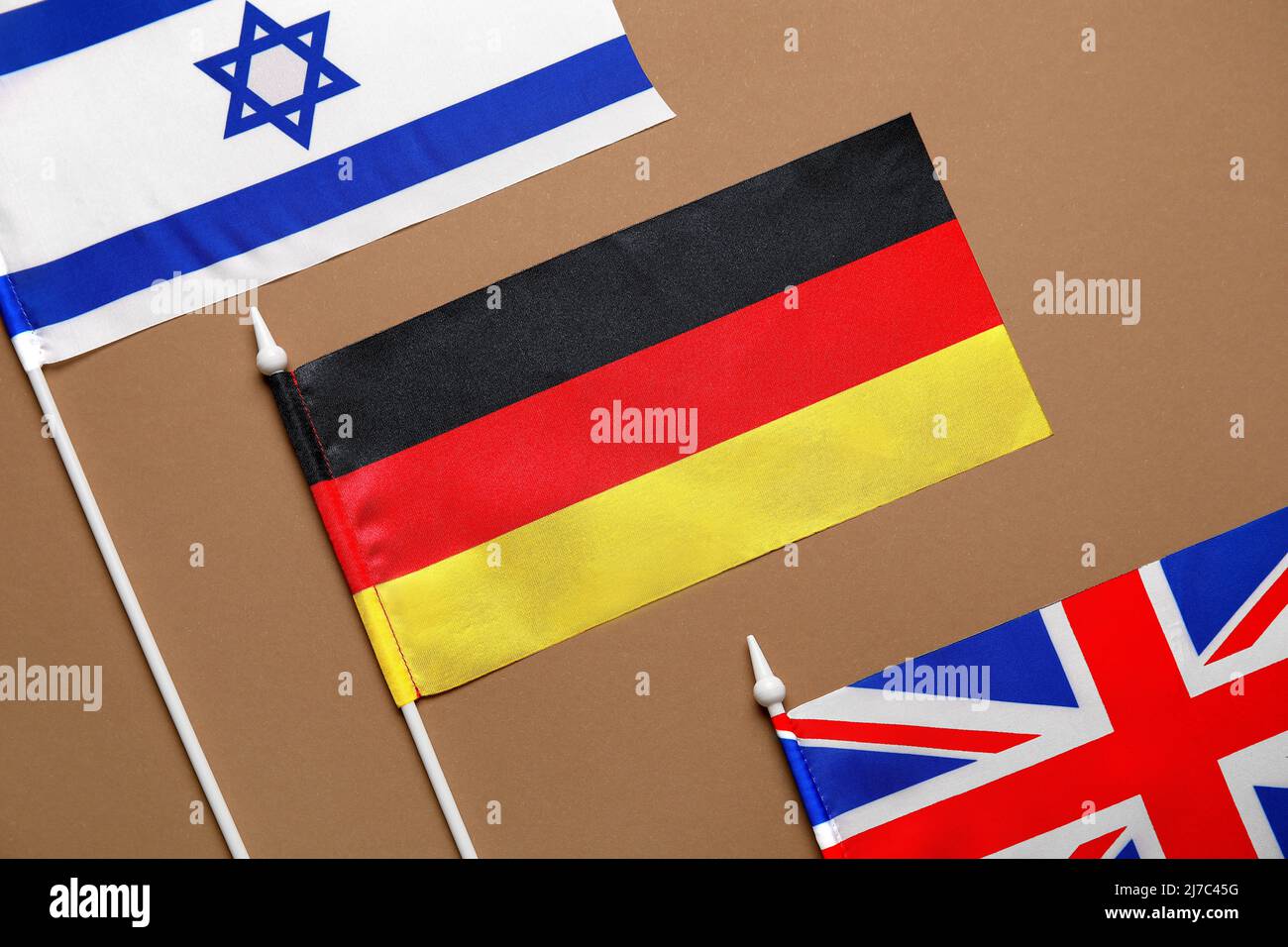 Flags of Germany, Great Britain and Israel on color background, closeup ...