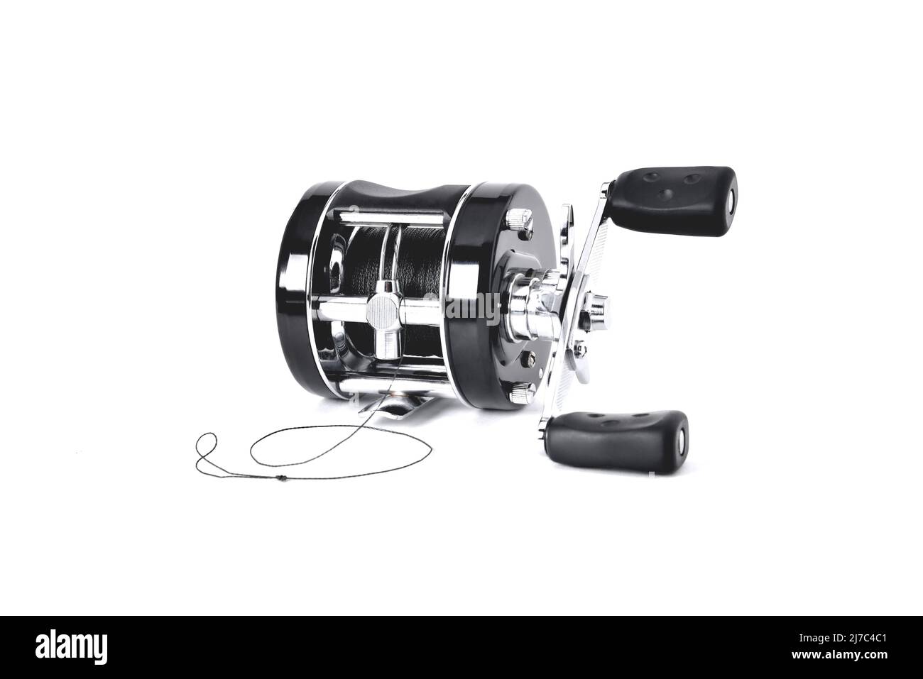 Black inertial reel cartoon with coiled cord isolate close-up ...