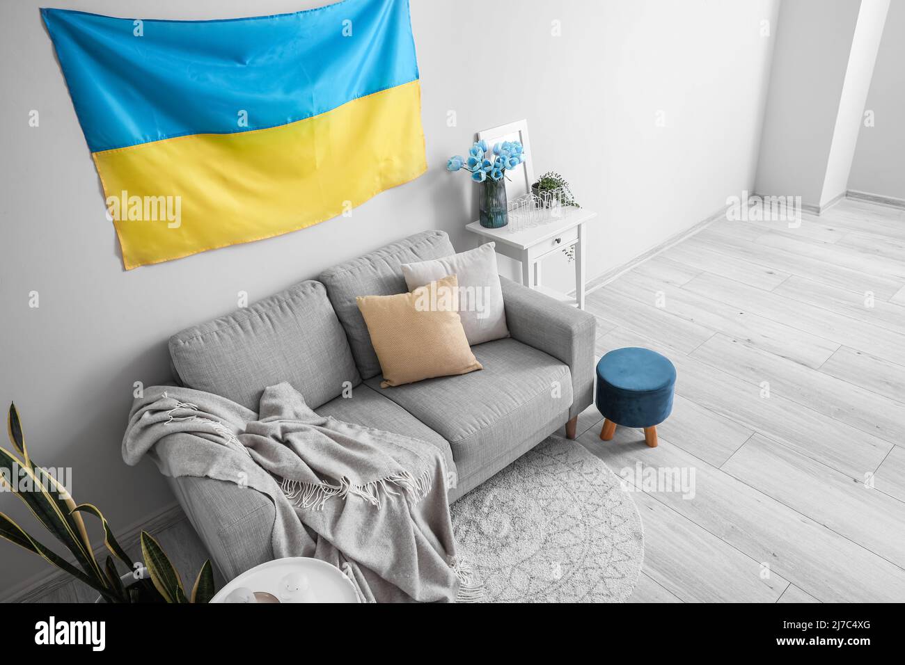 Interior of light living room with hanging Ukrainian flag, sofa and ...