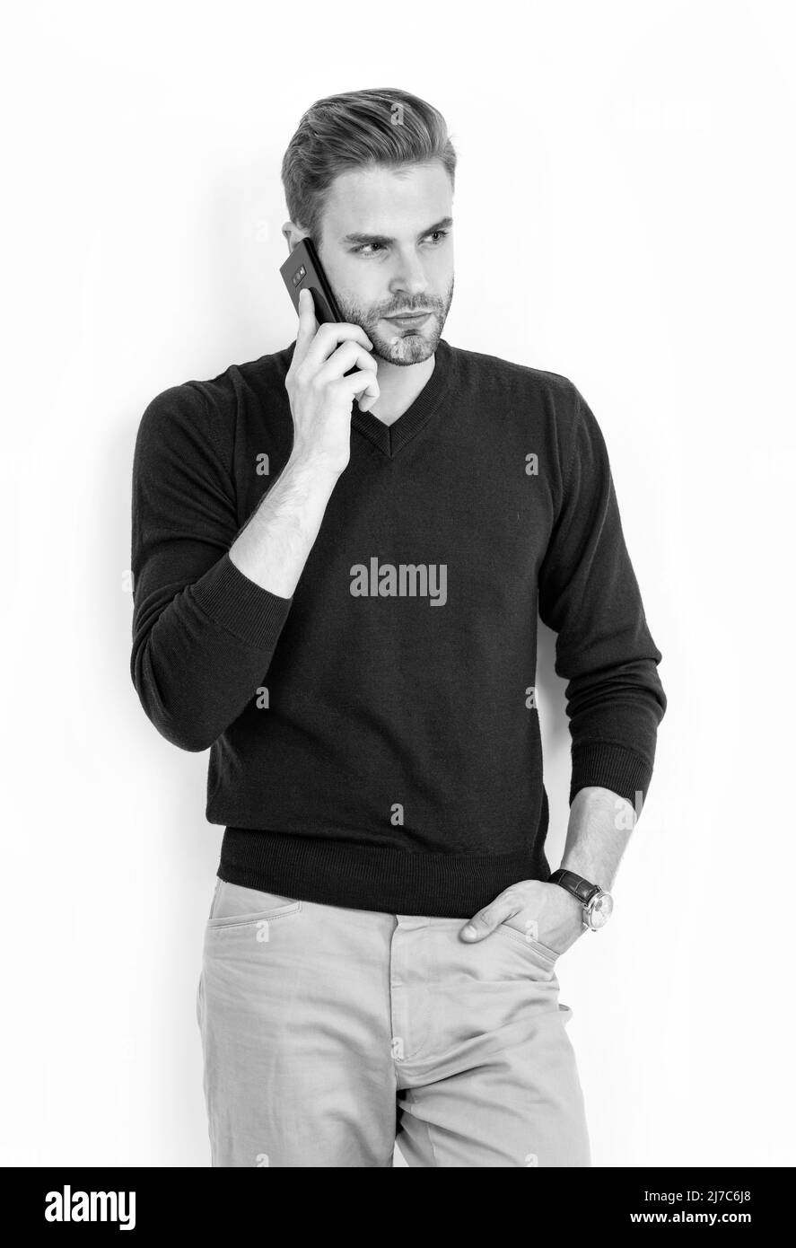 Hello. Handsome man talk on phone. Mobile technology. Phone ...