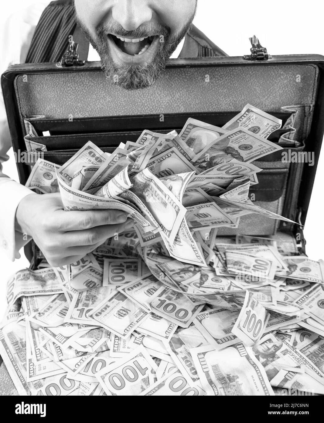 closeup of cropped businessman with money cafe isolated on white ...