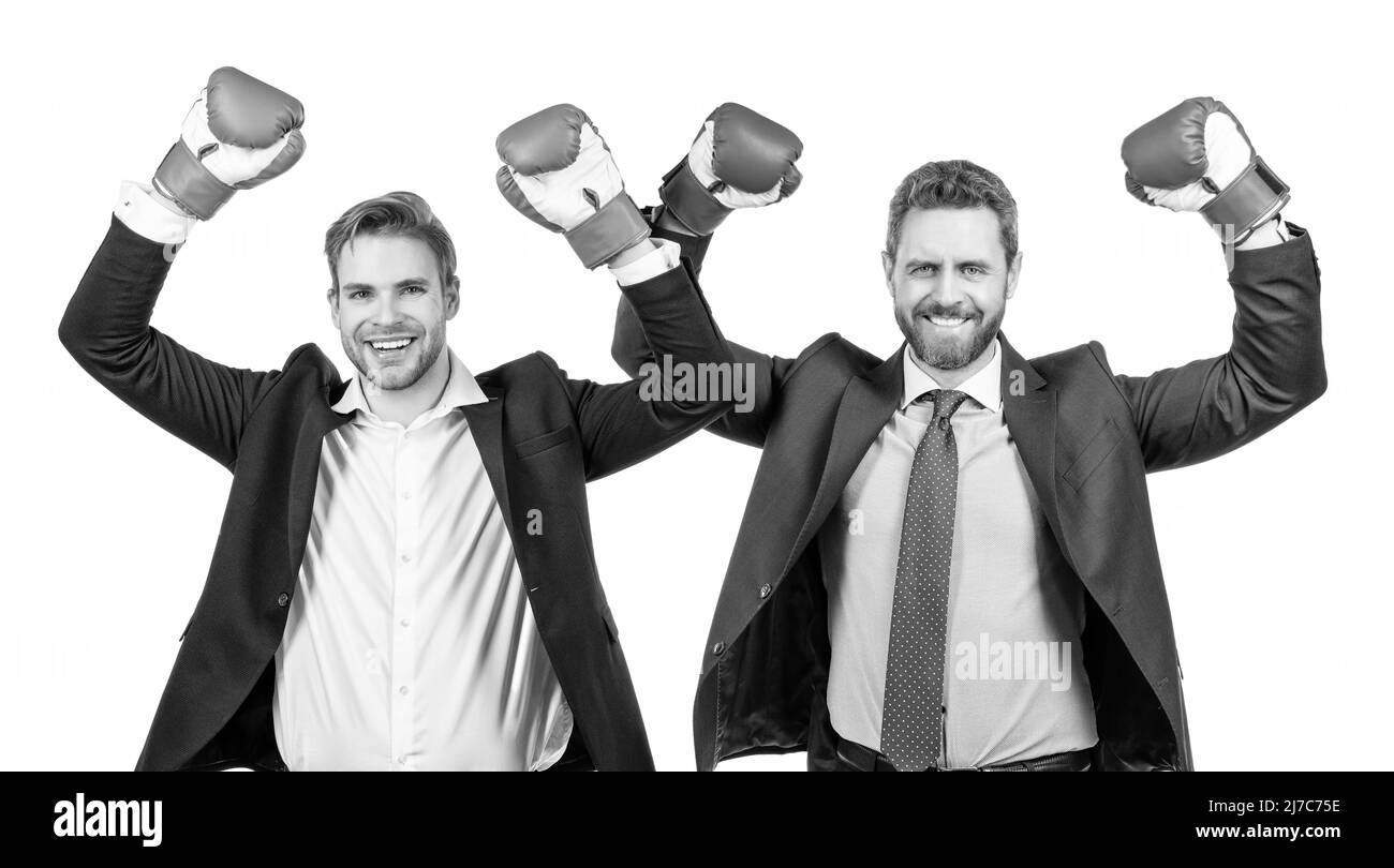 happy men celebrate victory of corporate battle. partnership and ...