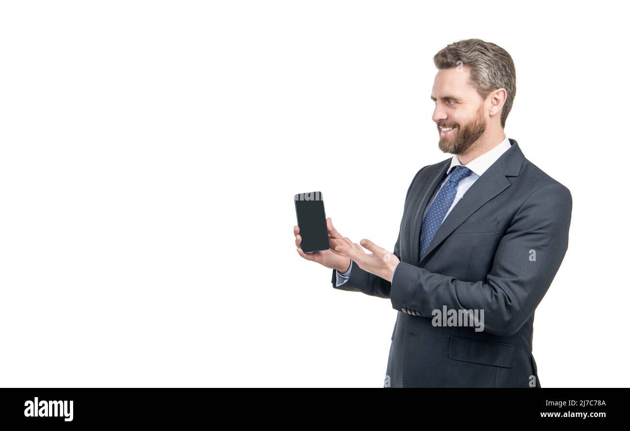 Get the phone you wish. Happy manager show mobile phone. New technology ...