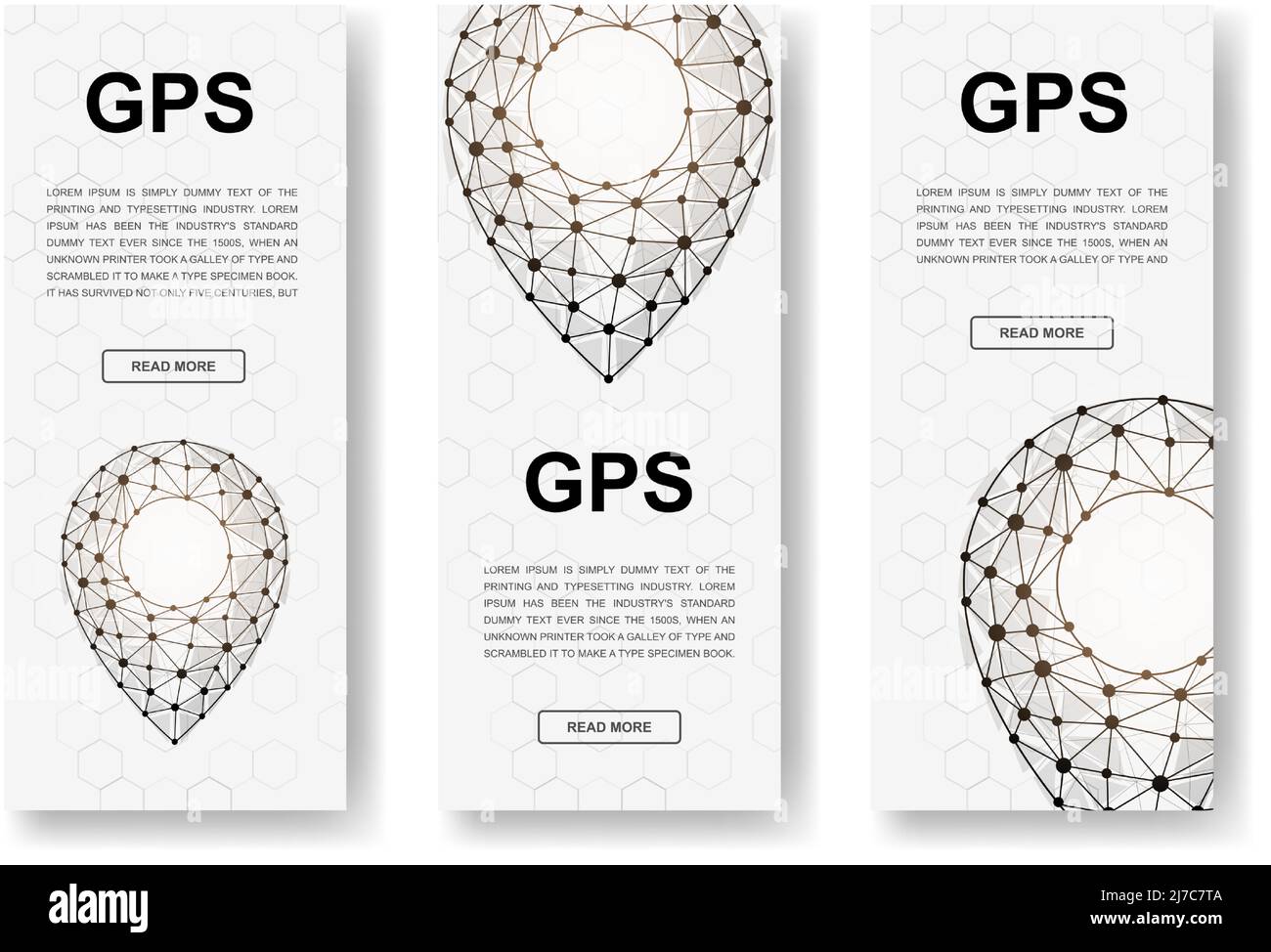 Set of three Location pins polygonal vertical banners. 3d Gps low poly symbols with connected ...