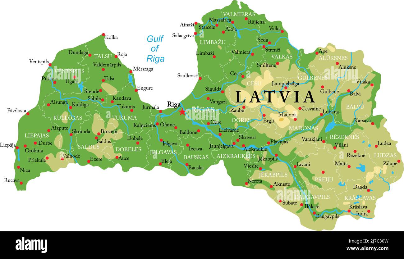 Highly detailed physical map of the Latvia,in vector format,with all the relief forms,regions ...