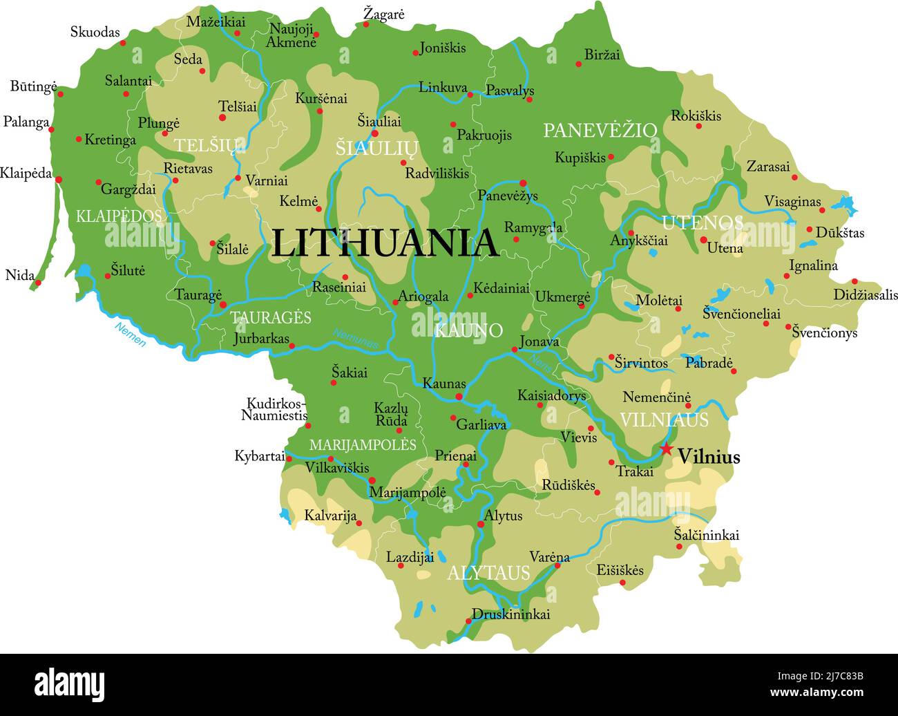 Highly detailed physical map of the Lithuania,in vector format,with all ...