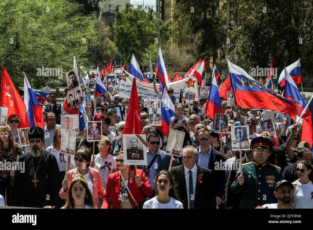 08 May 2022, Lebanon, Beirut: Russians living in Lebanon hold flags and ...