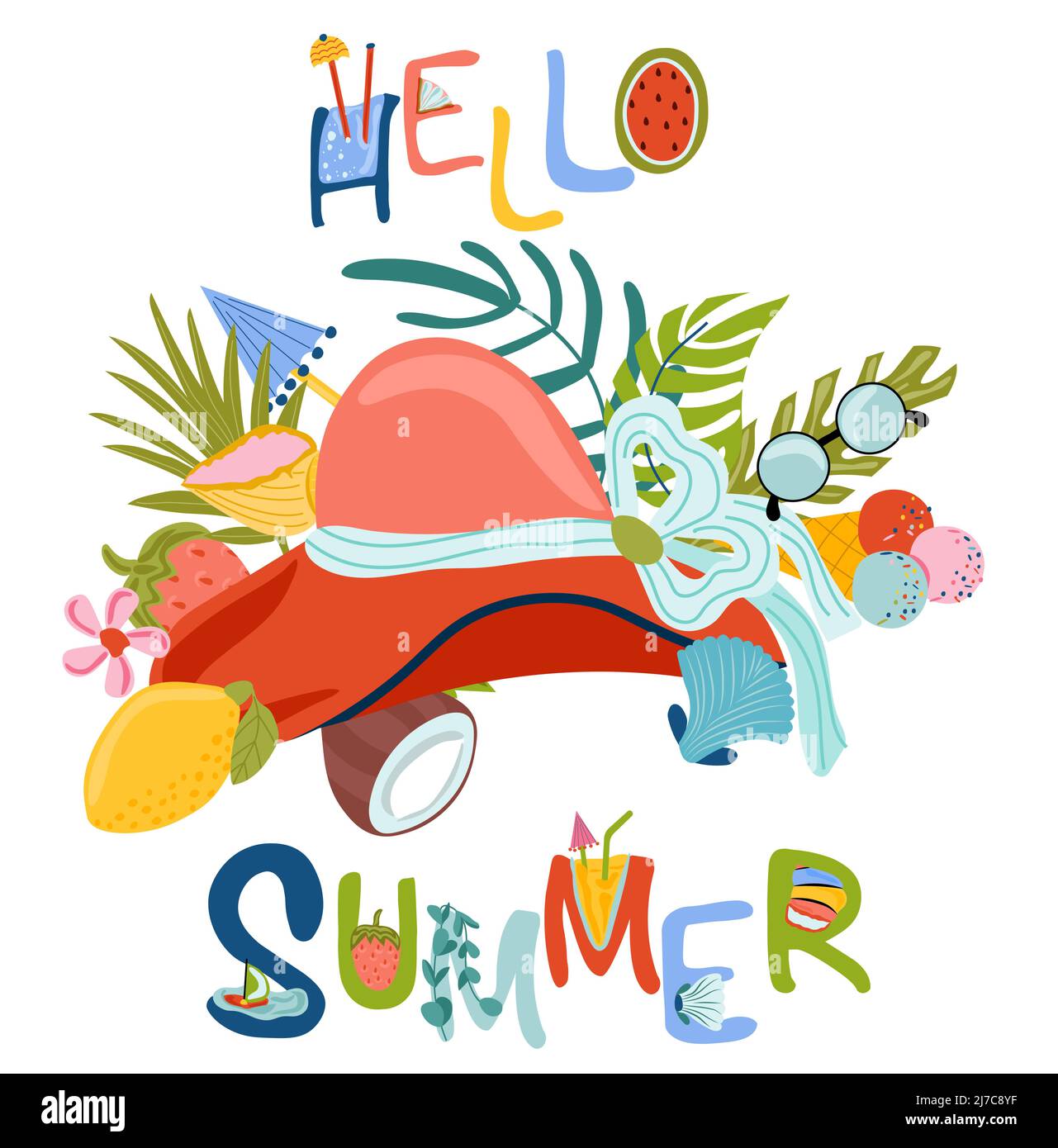 Set of cute elements, beach hat, tropical leaves, fruit, shell and ...