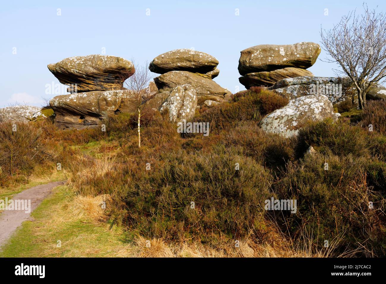 Three weathered gritstone rocks standing on a low mound in North ...