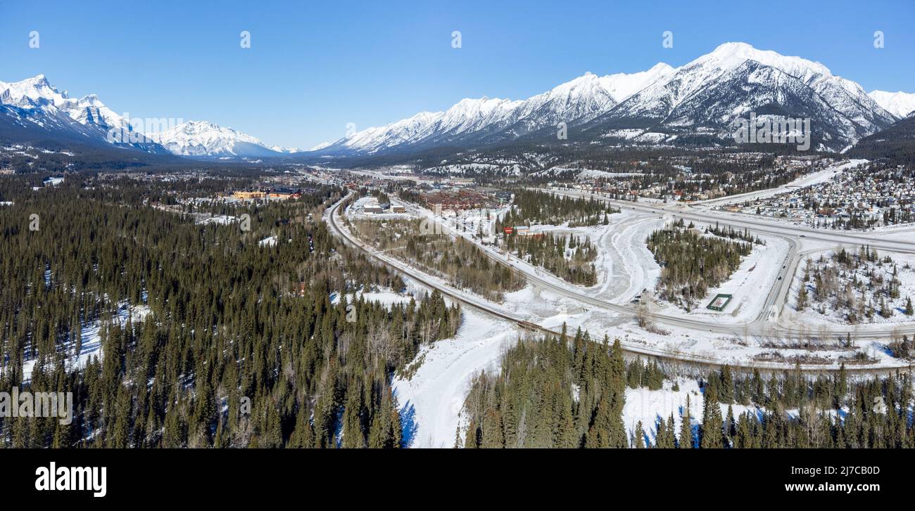 Aerial panorama view of Town of Canmore and Canadian Rockies mountain ...